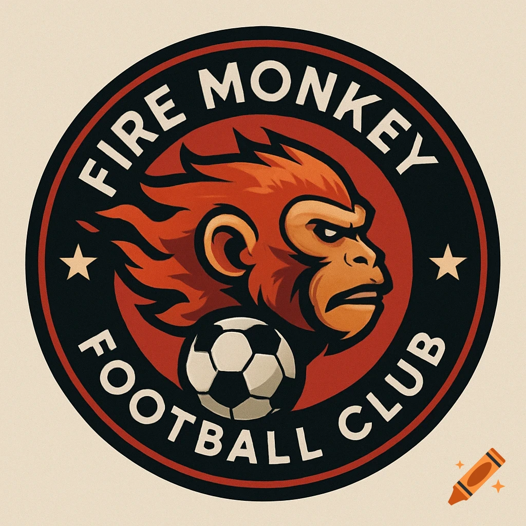 Circular logo with a monkey head, fiery hair, soccer ball, and the text 'FIRE MONKEY FOOTBALL ...