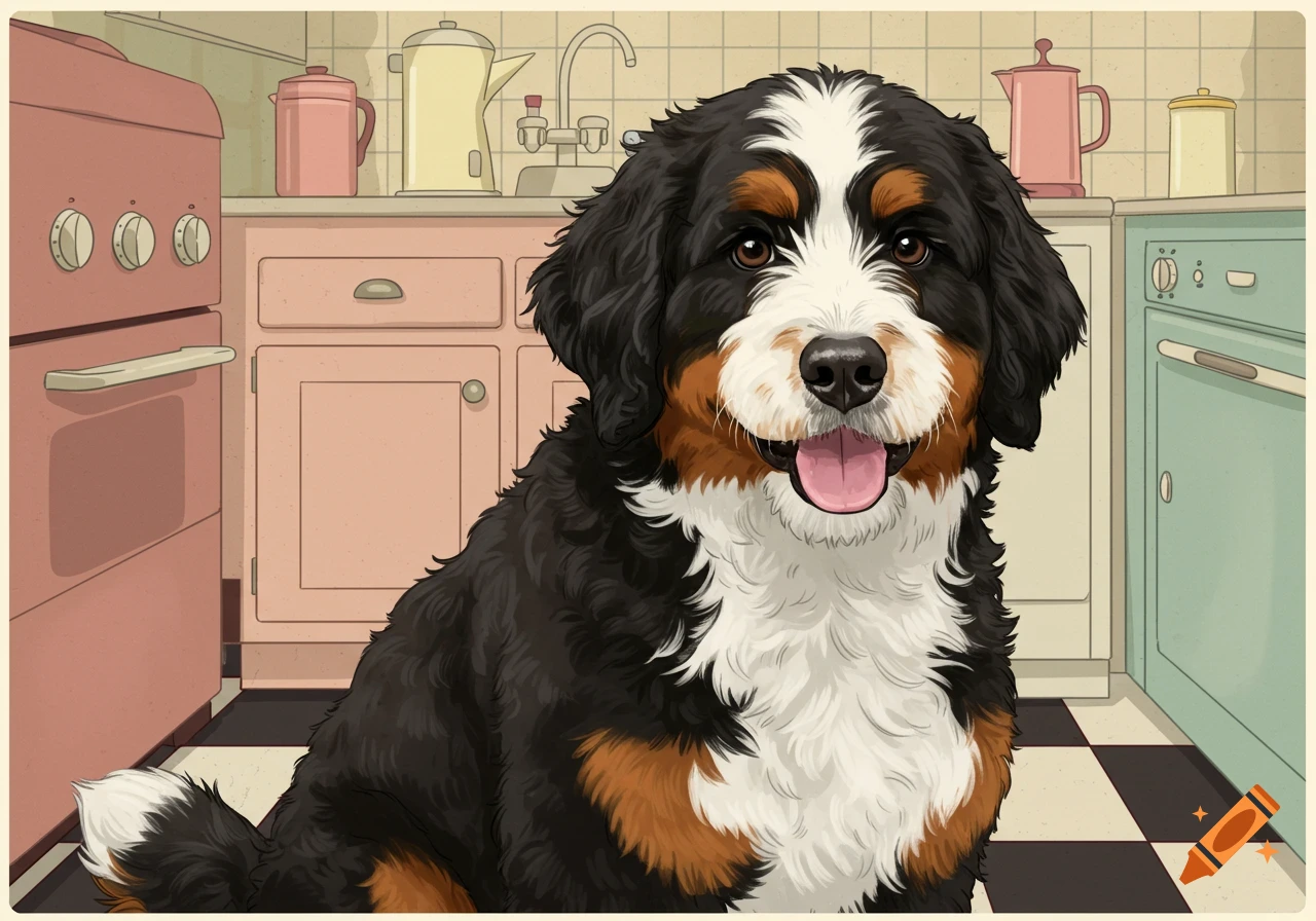 A happy Bernadoodle dog sits in a cartoon-style kitchen. on Craiyon