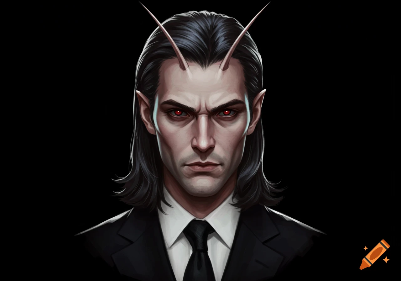 Portrait of a man with pointed ears, red eyes, horns, and black hair ...