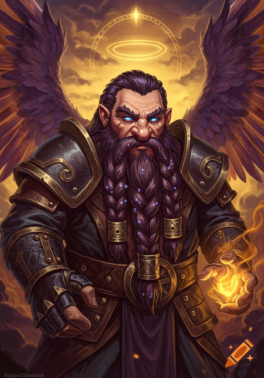A fantasy portrait of an armored dwarf warlock with purple wings and glowing hands, in a ...