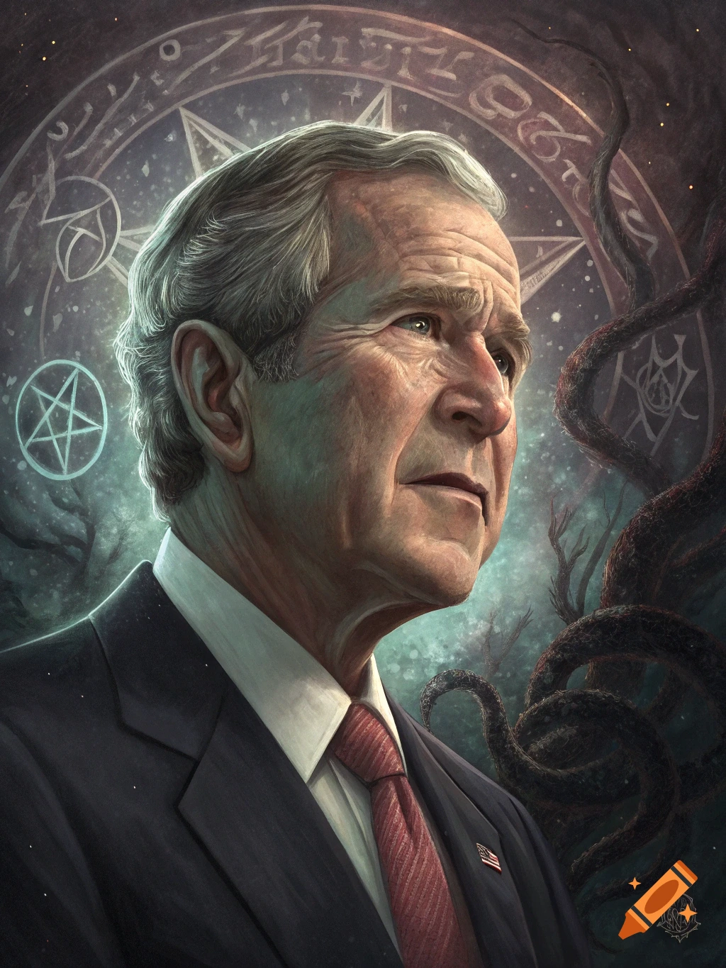 Portrait of George W. Bush with occult symbols and tentacles in a dark ...