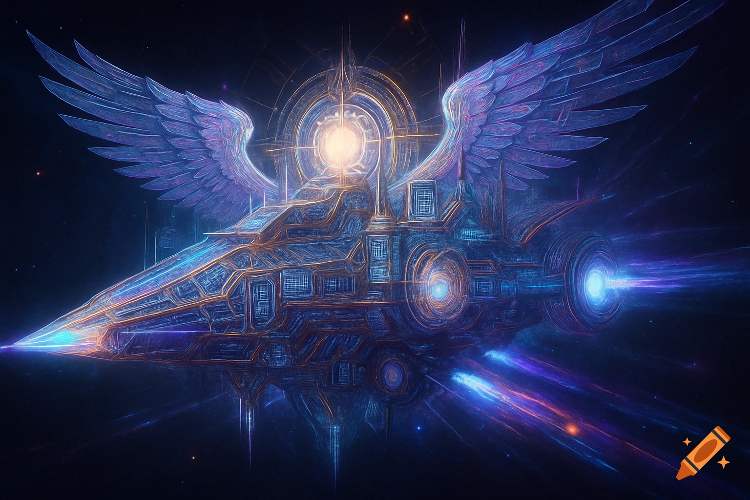 An ornate, winged futuristic spaceship flies through a starfield ...
