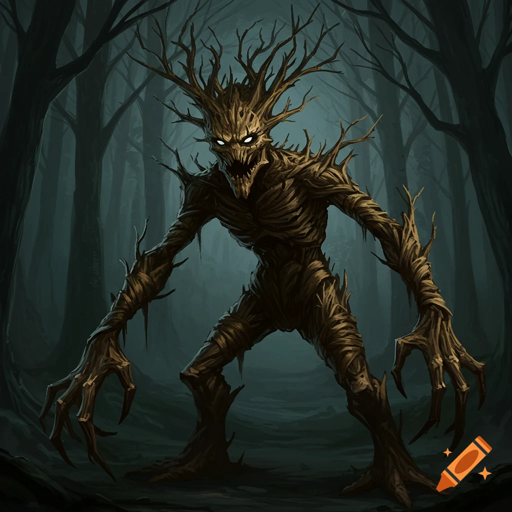 A menacing tree monster with branches for limbs stands in a dark forest ...