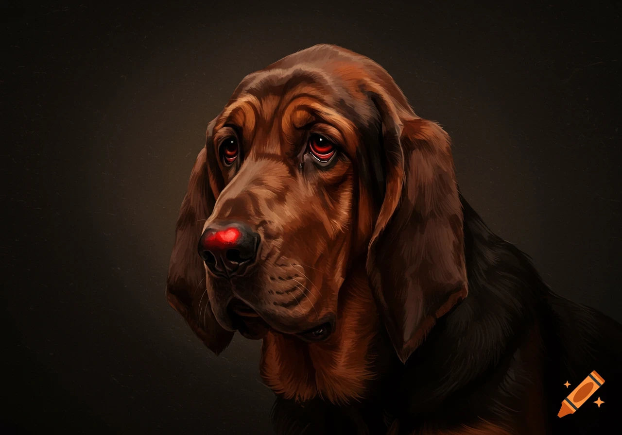 Close-up portrait of a brown bloodhound dog with a bright red heart ...