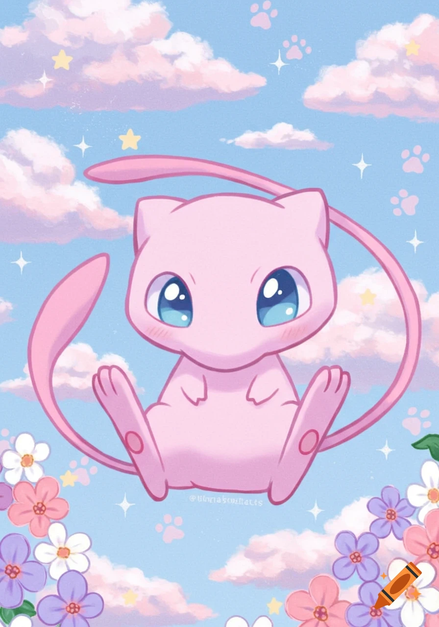 Cute pink Mew in a pastel anime sky with clouds, flowers, sparkles, and ...