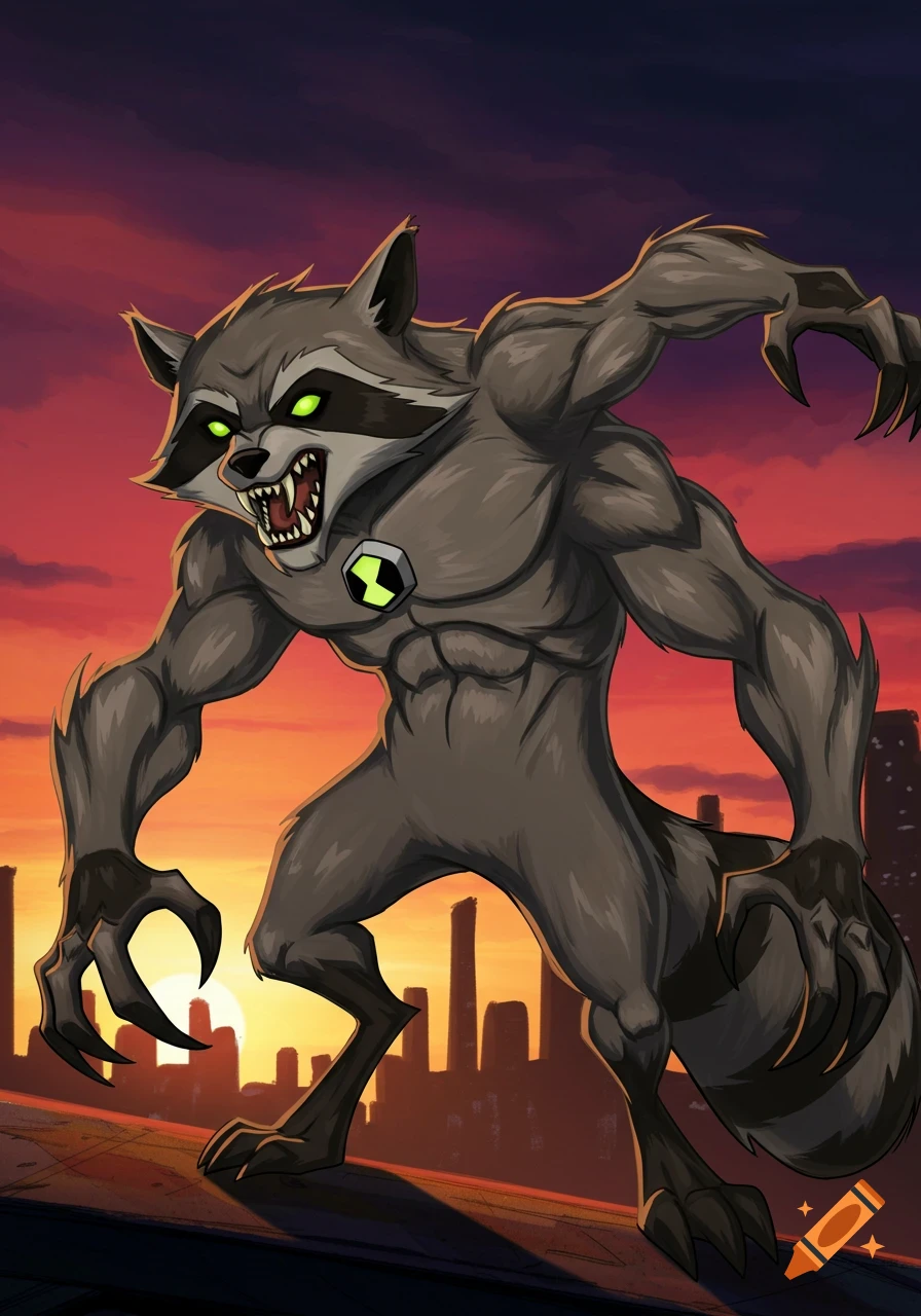 Ben 10 raccoon alien with Omnitrix symbol standing in front of a city ...