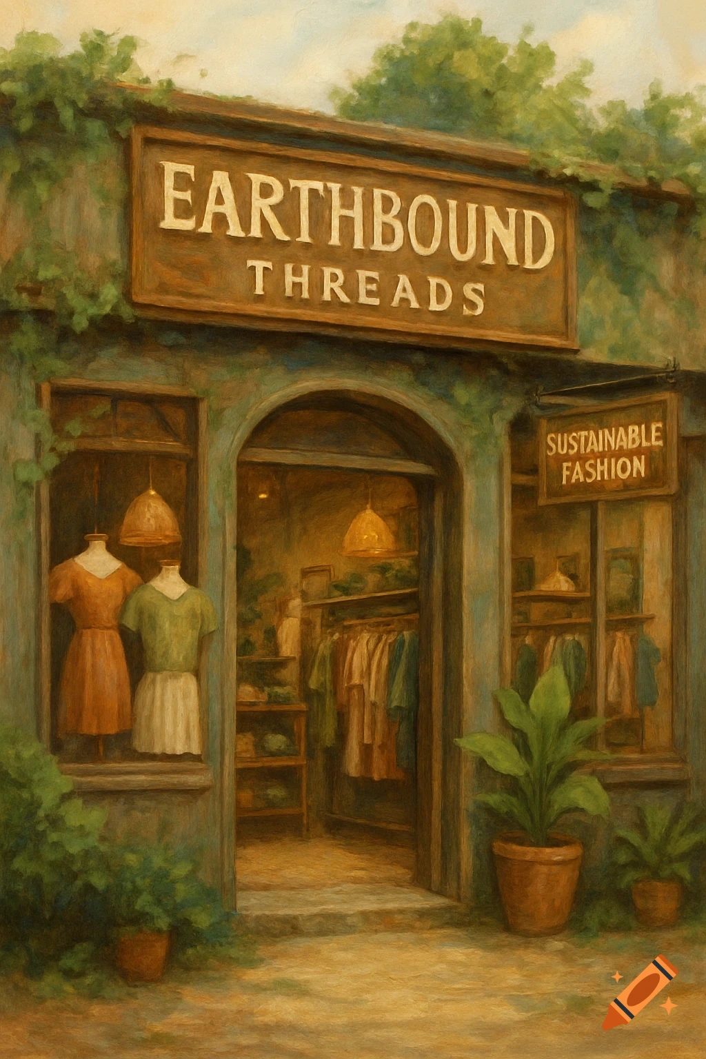 Painterly illustration of the storefront of 'Earthbound Threads ...