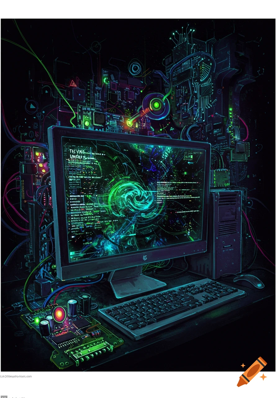 Detailed cyberpunk computer setup with monitor displaying green code and intricate circuitry. on ...