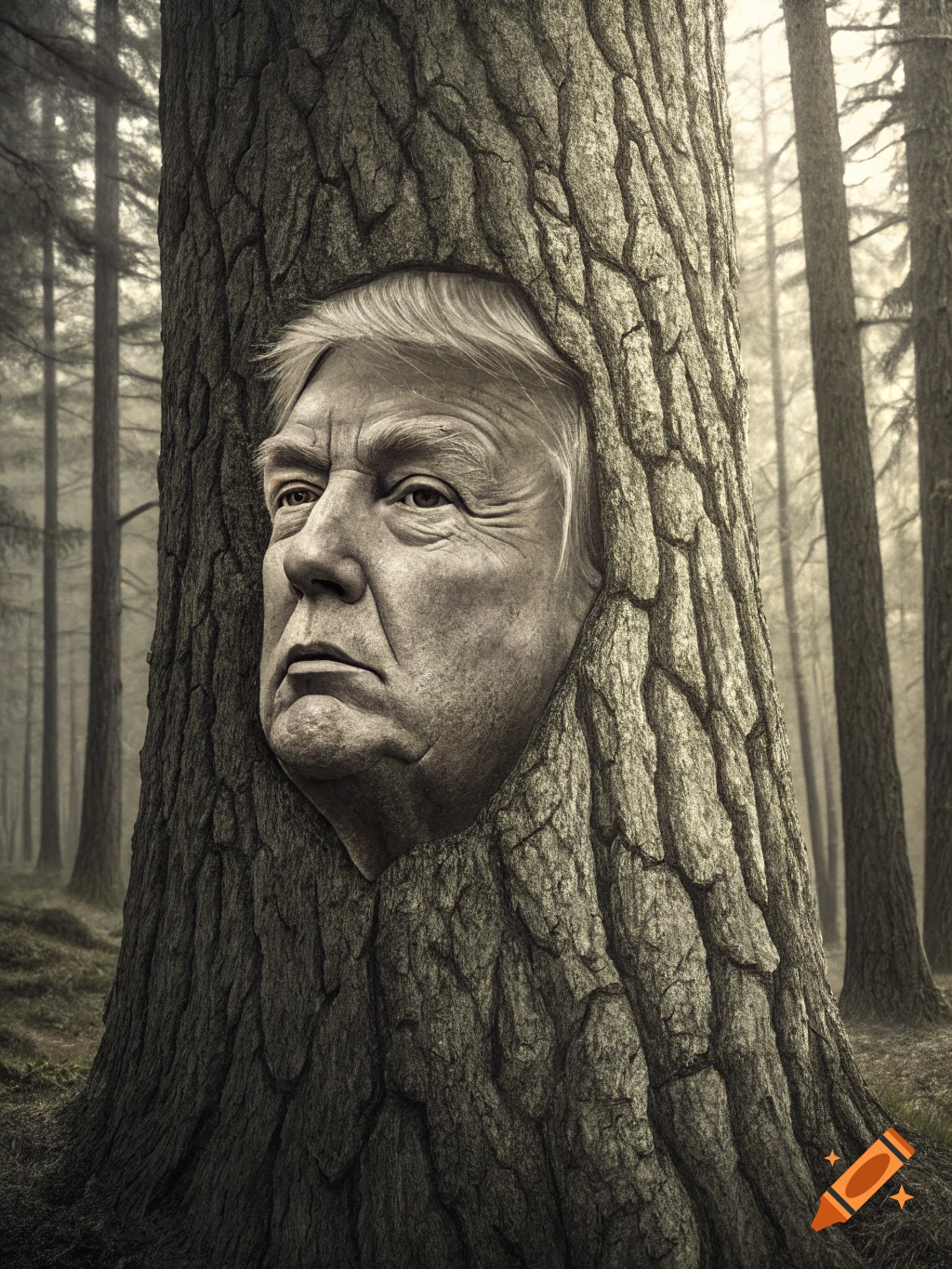 Donald Trump's face is merged into the trunk of a large tree in a ...