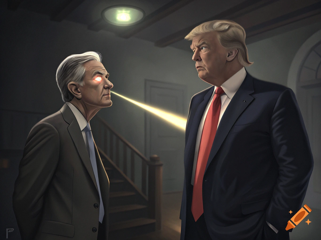 Jerome Powell with laser eyes points a beam at Donald Trump in a dark ...