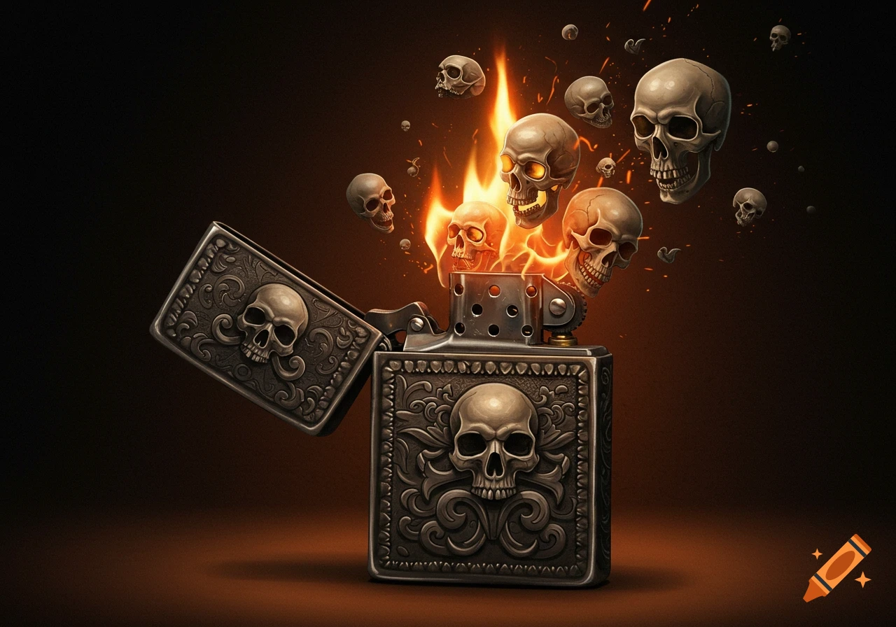 A decorative metal lighter with skull engravings, with fire and ...