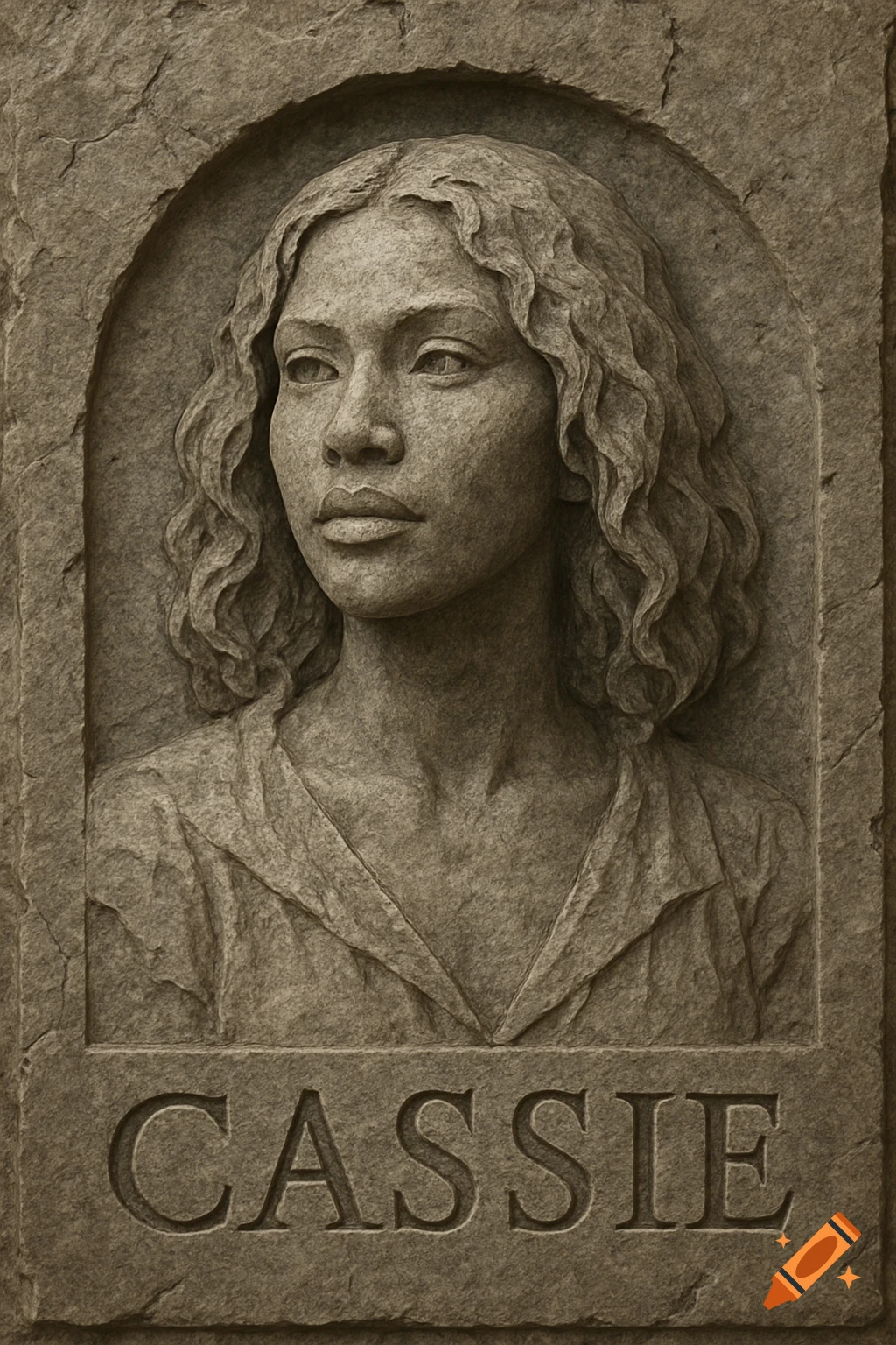 Stone carving of a woman's bust with 'CASSIE' carved below on Craiyon