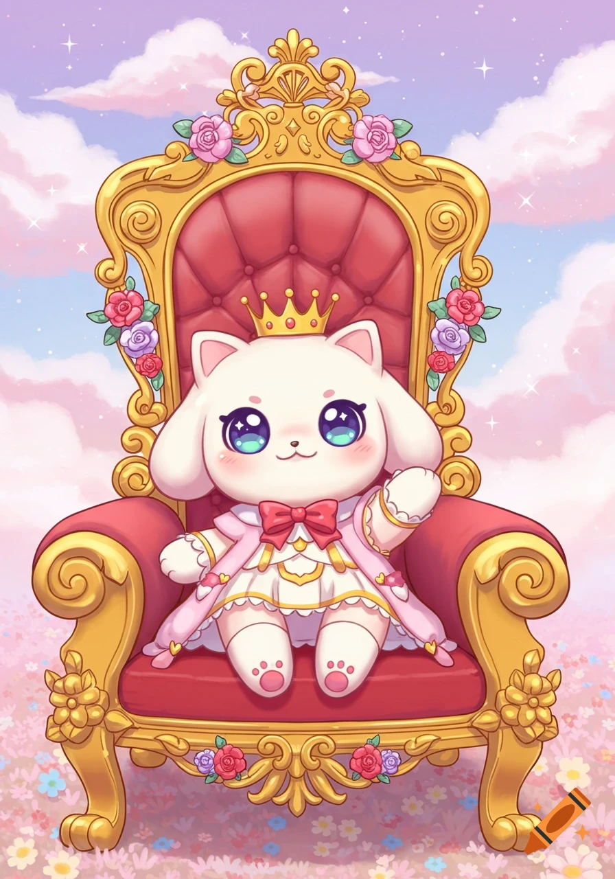 Cute cartoon animal character with a crown sits on an ornate throne in ...