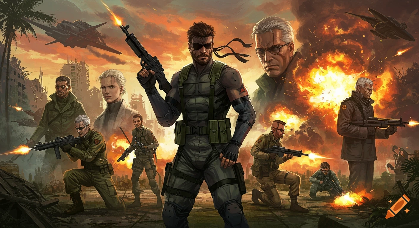 Stylized illustration of video game characters resembling Metal Gear ...