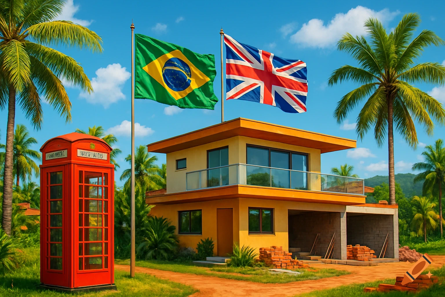 Modern house in a tropical landscape with Brazilian and UK flags, and a ...