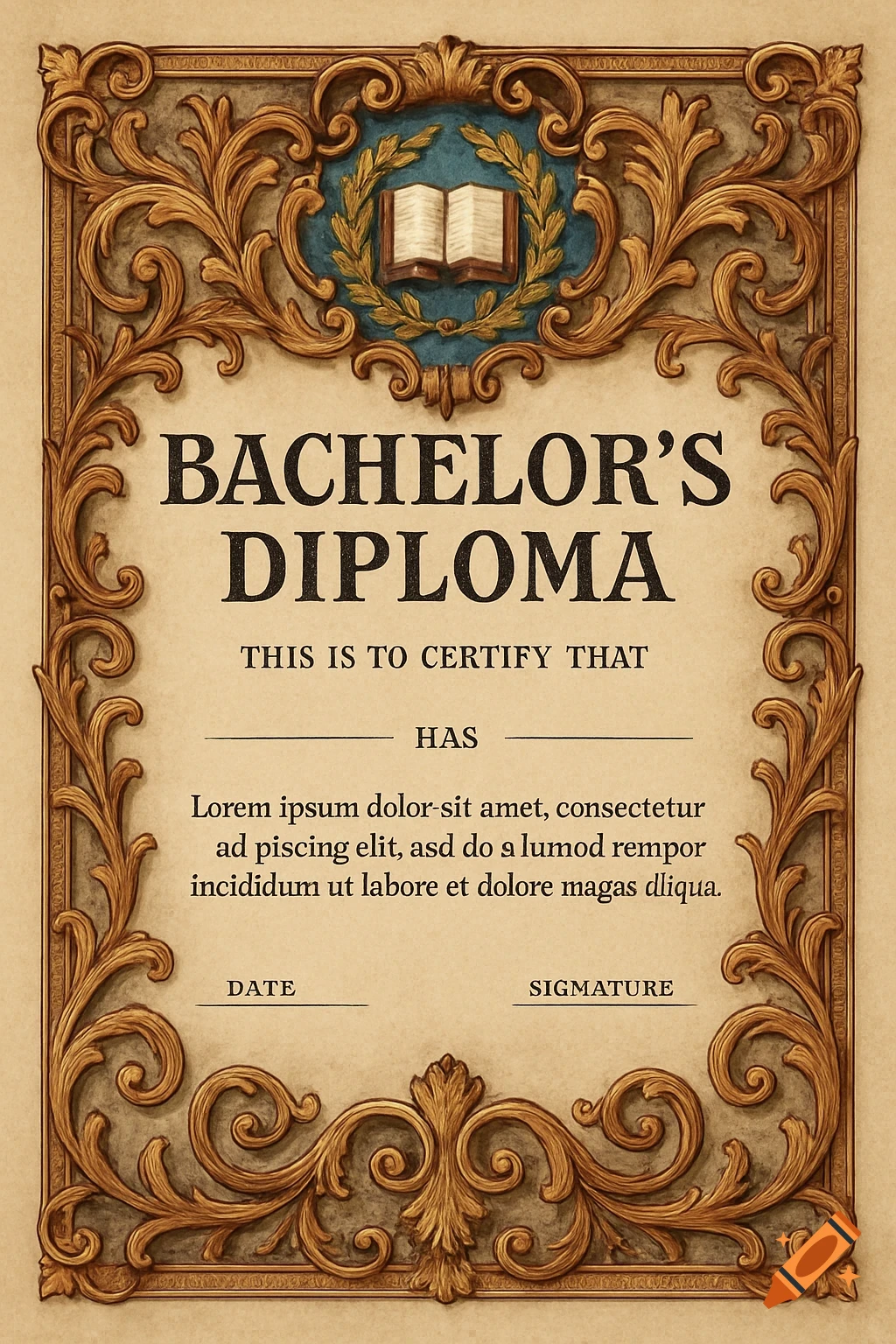 A fancy bachelor's diploma certificate with ornate gold frame and a ...