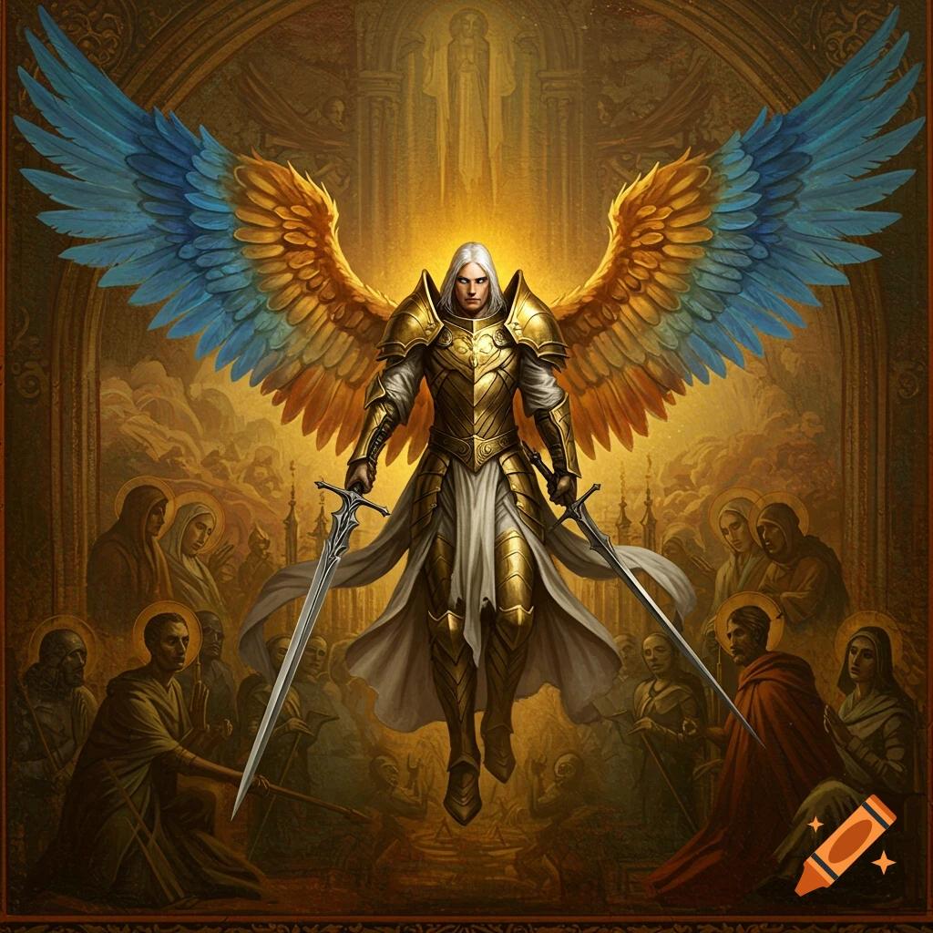 A powerful winged figure in golden armor holds two swords, floating ...