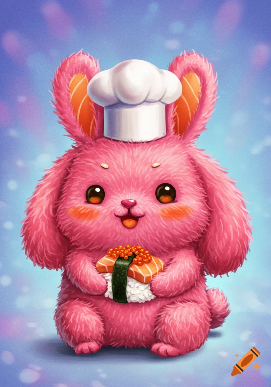 A fluffy pink bunny chef holding a piece of sushi. on Craiyon