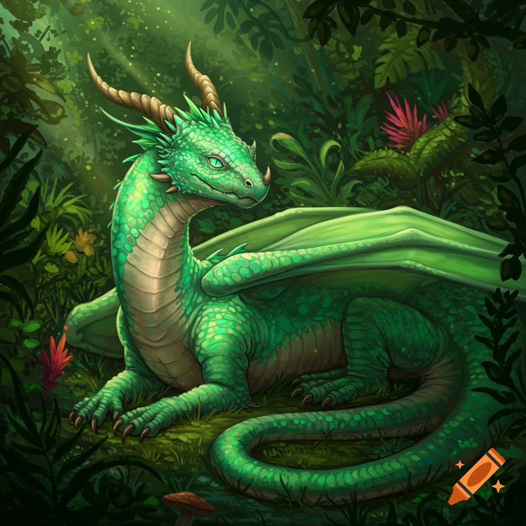 A green dragon rests in a lush jungle. Digital painting style. on Craiyon