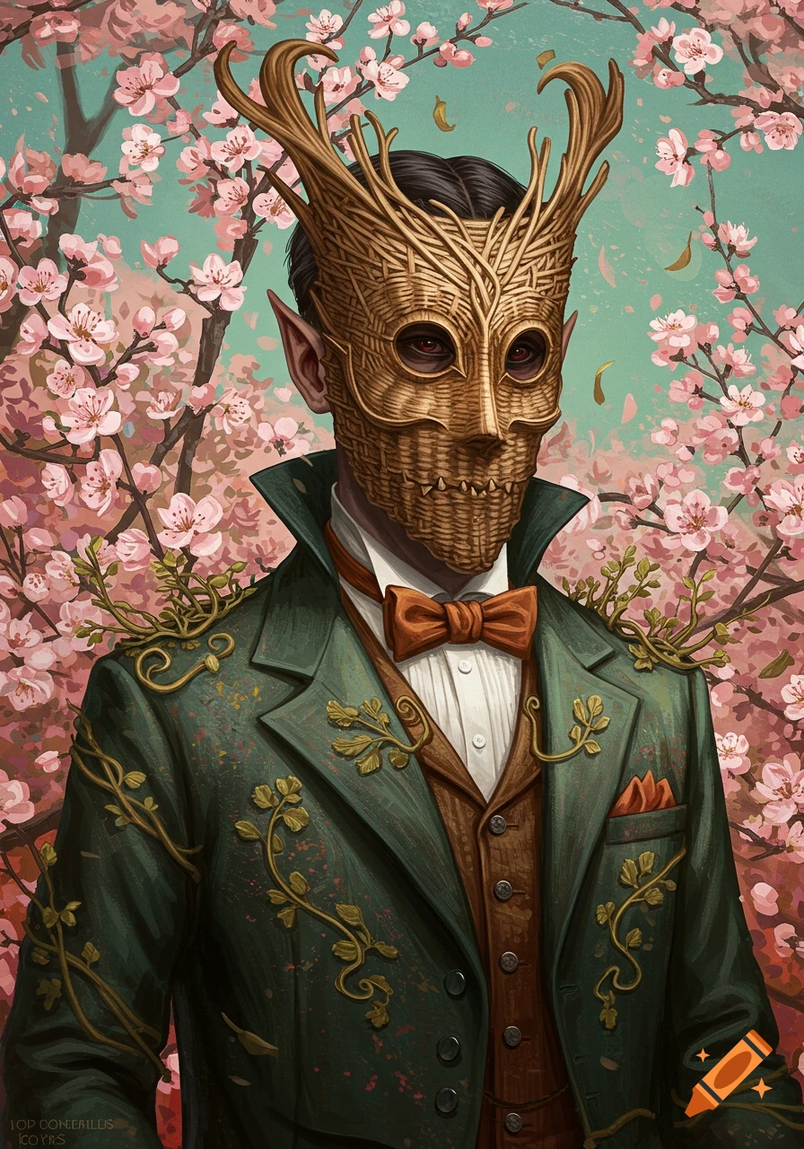 A person in a wicker mask with antlers and pointed ears wears a suit ...