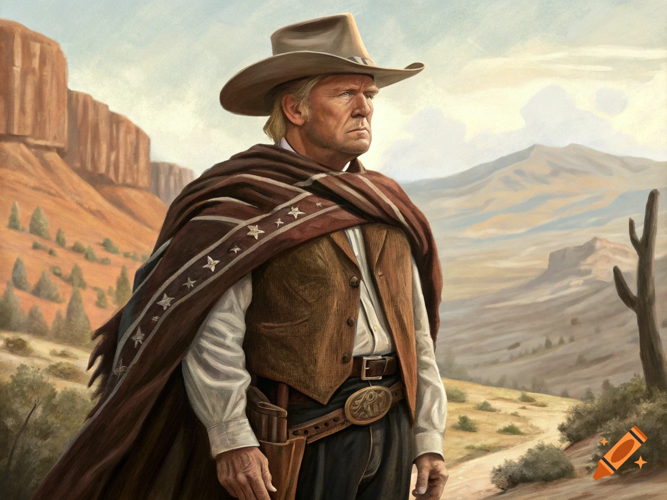 Painting of Donald Trump dressed as a cowboy with a hat and serape in a ...