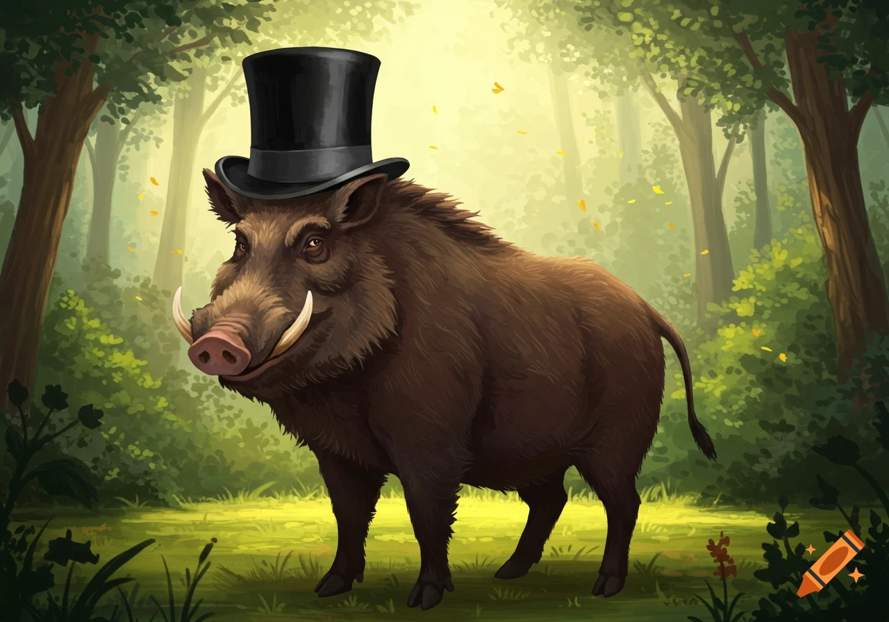 An illustration of a wild boar wearing a top hat in a sunlit forest. on ...