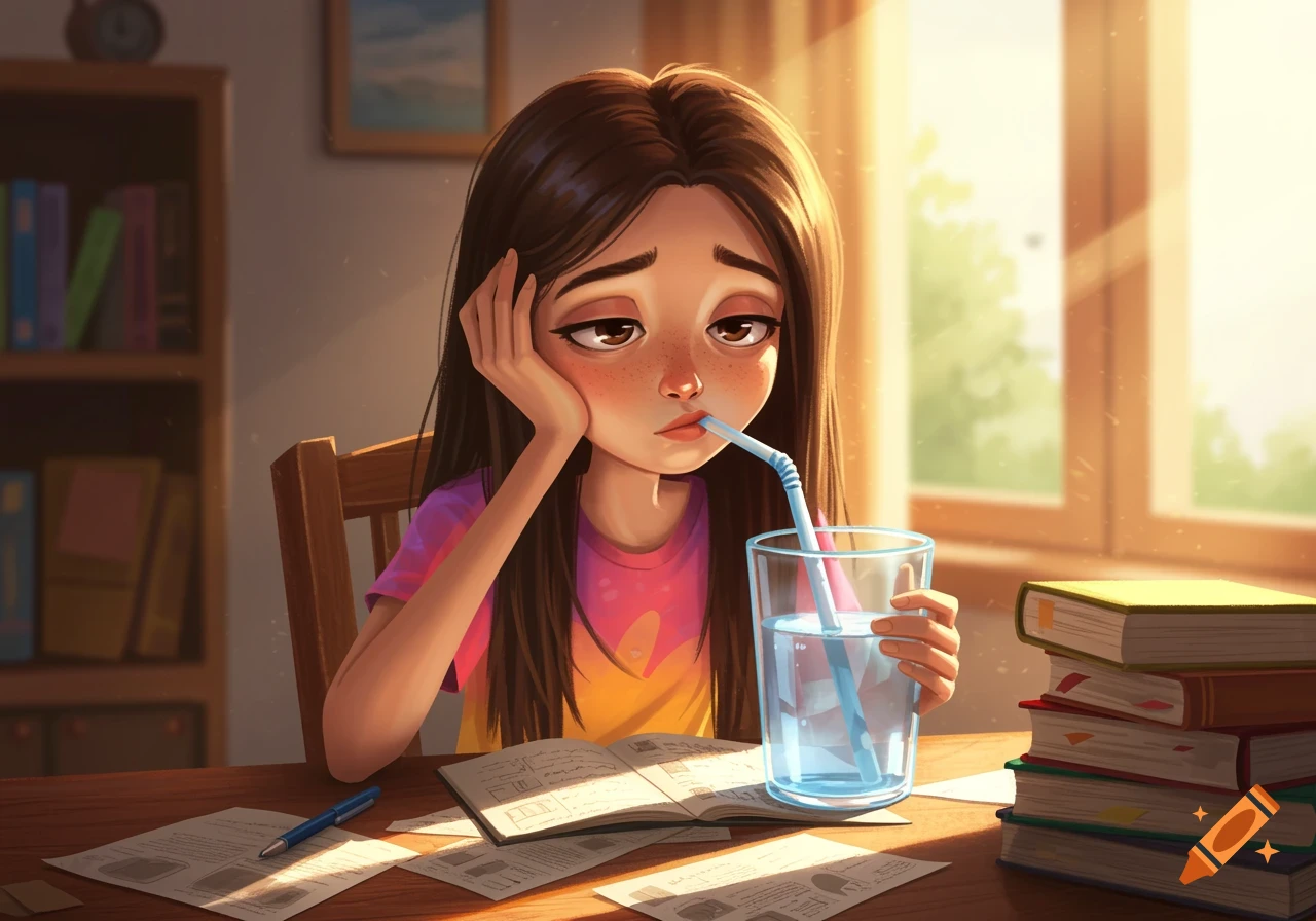 Illustrated girl looks bored studying at a desk, drinking water from a ...
