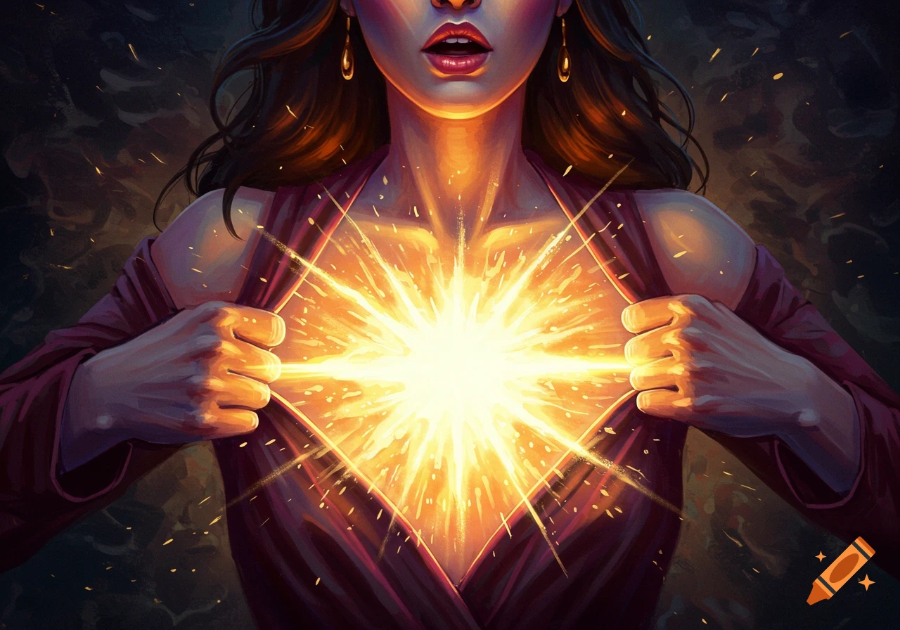 Woman revealing bright light bursting from her chest in a stylized ...