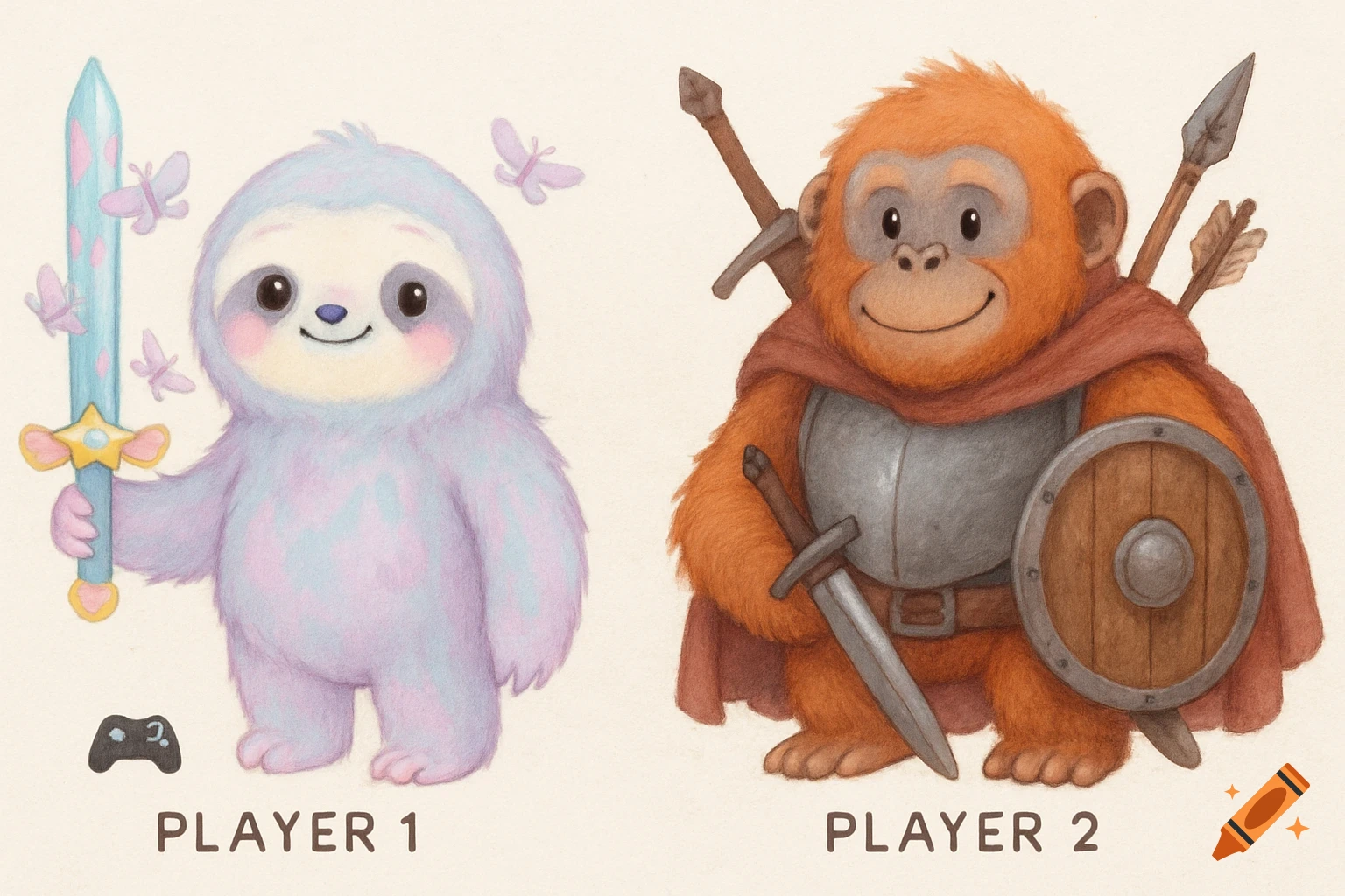 Cute sloth gamer with sword and butterflies next to an orangutan knight ...