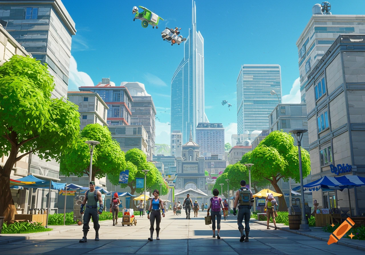 Stylized street scene resembling Fortnite's Tilted Towers, with people ...