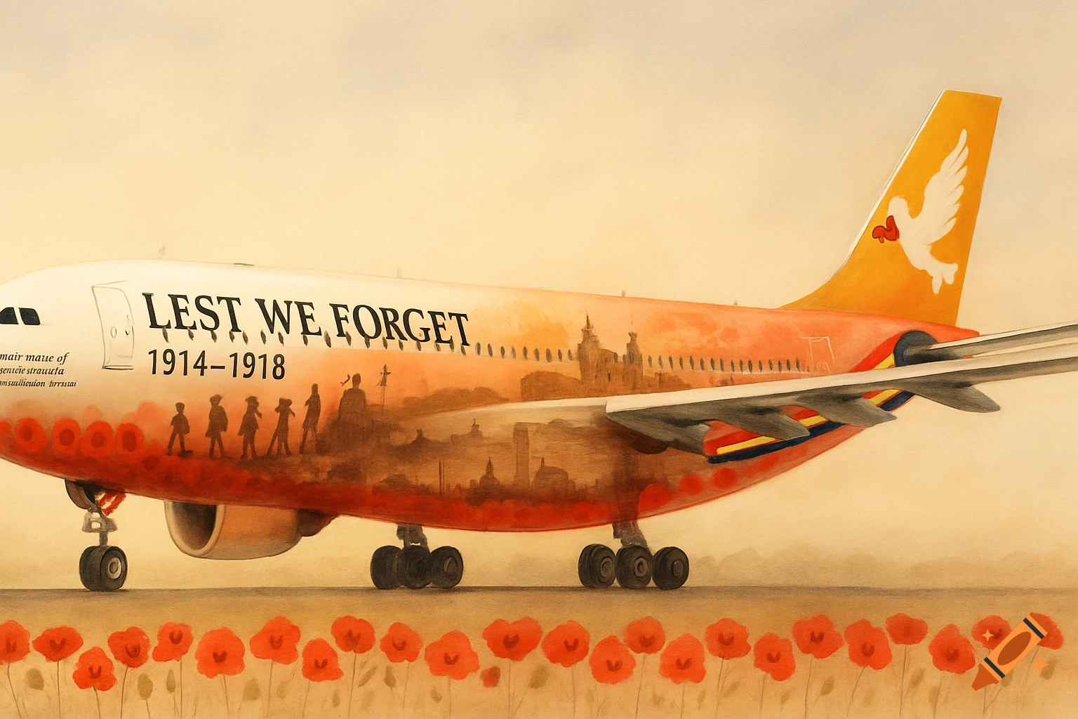 An artistic rendering of an airplane with a commemorative "Lest We ...
