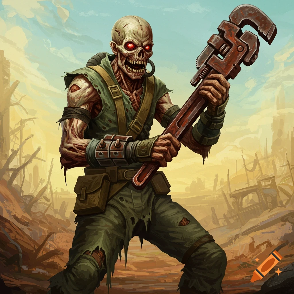 A ghoulish creature holding a giant wrench stands in a post-apocalyptic ...