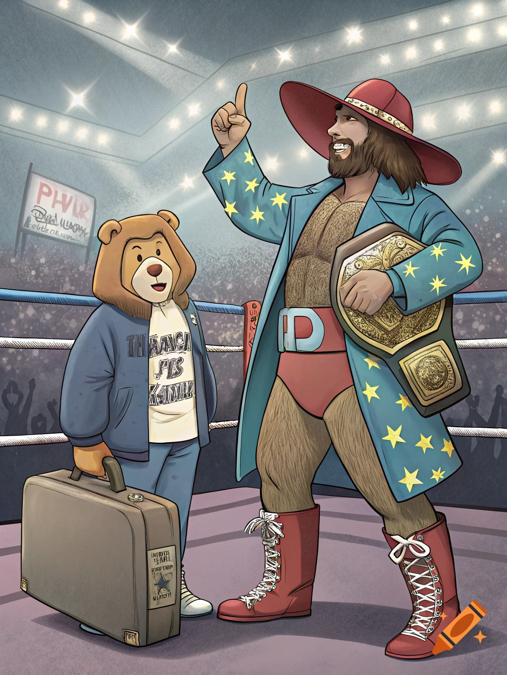 Cartoon illustration of Paddington Bear and Macho Man Randy Savage in a ...