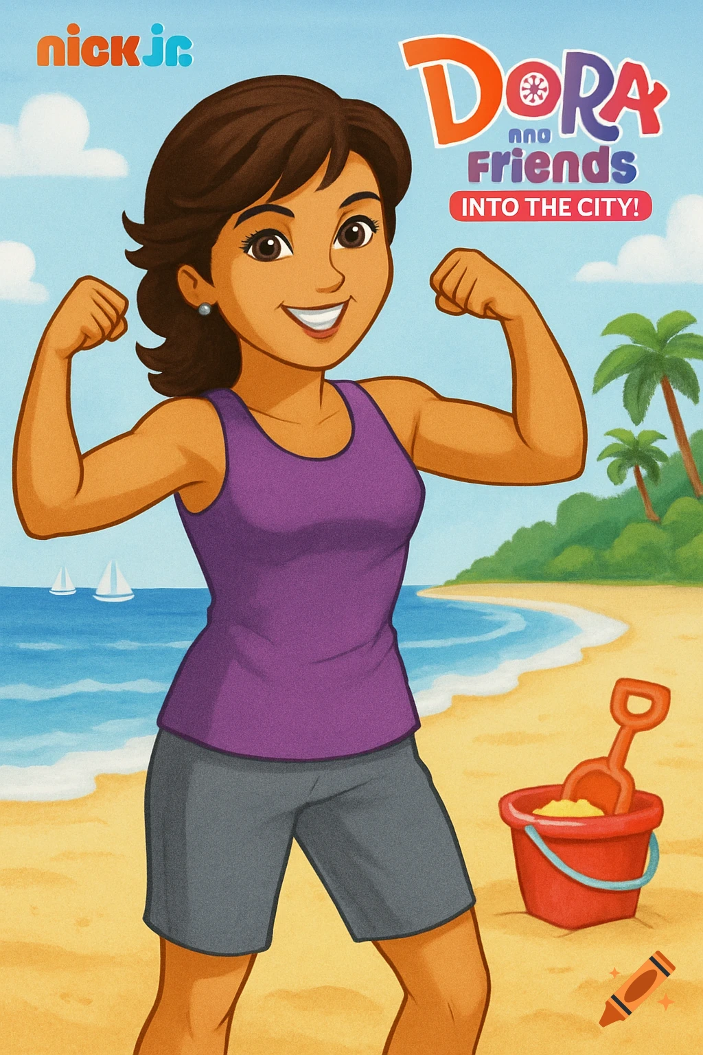 Cartoon of Dora's Mami flexing her muscles at the beach. on Craiyon