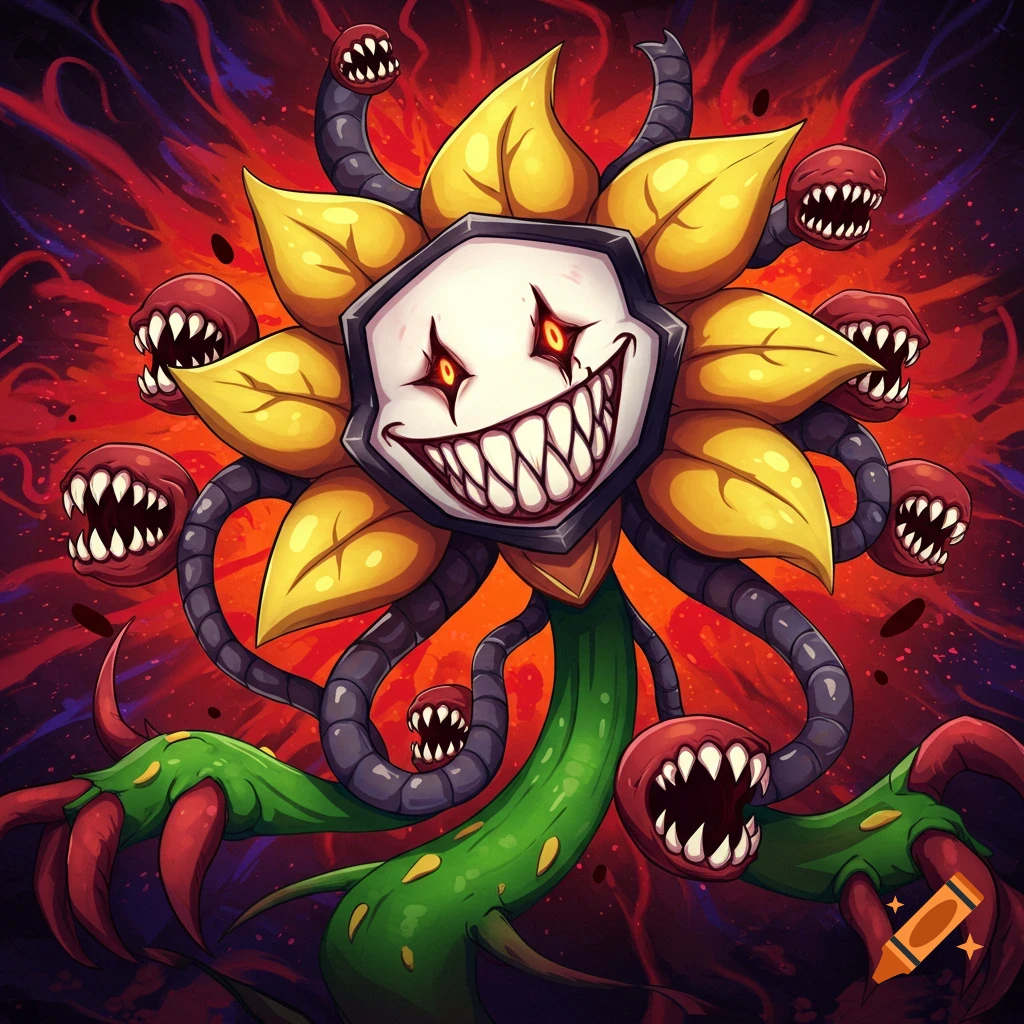 A menacing, multi-headed flower monster with sharp teeth and glowing ...