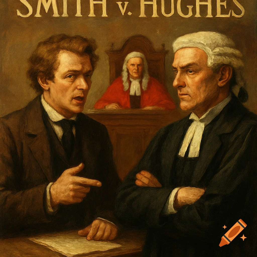 Painting of two men arguing in a courtroom with a judge, text 'SMITH v ...