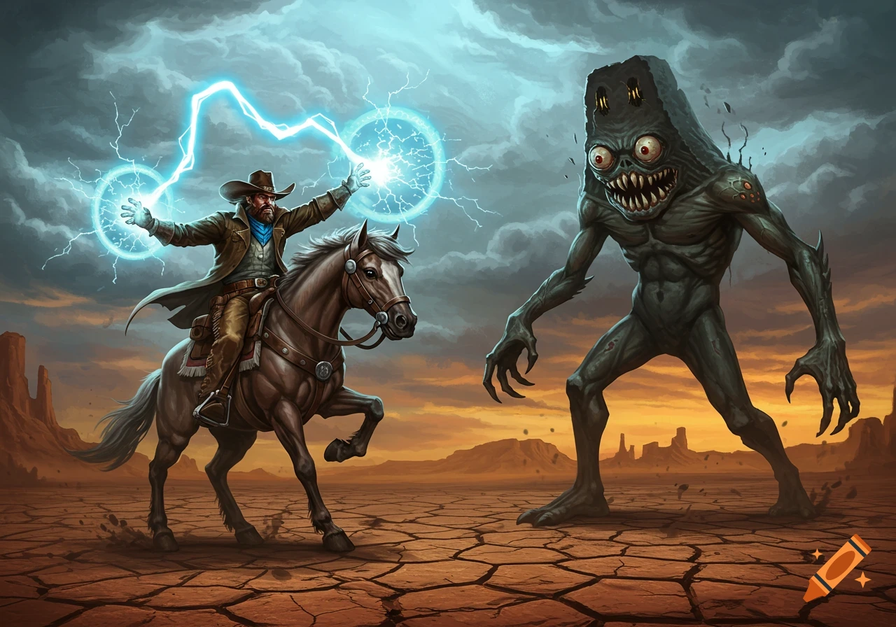 Cowboy riding a horse casts lightning at a monster in a desert ...
