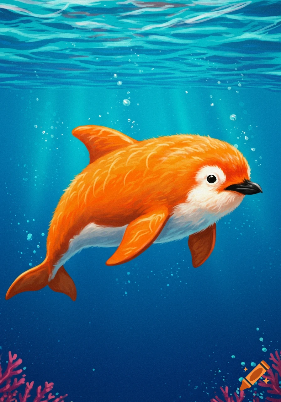 An orange dolphin-penguin hybrid swims underwater among bubbles and ...