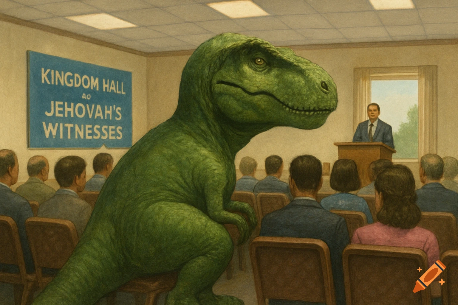 A painting of a green T-Rex sitting among people attending a meeting in ...