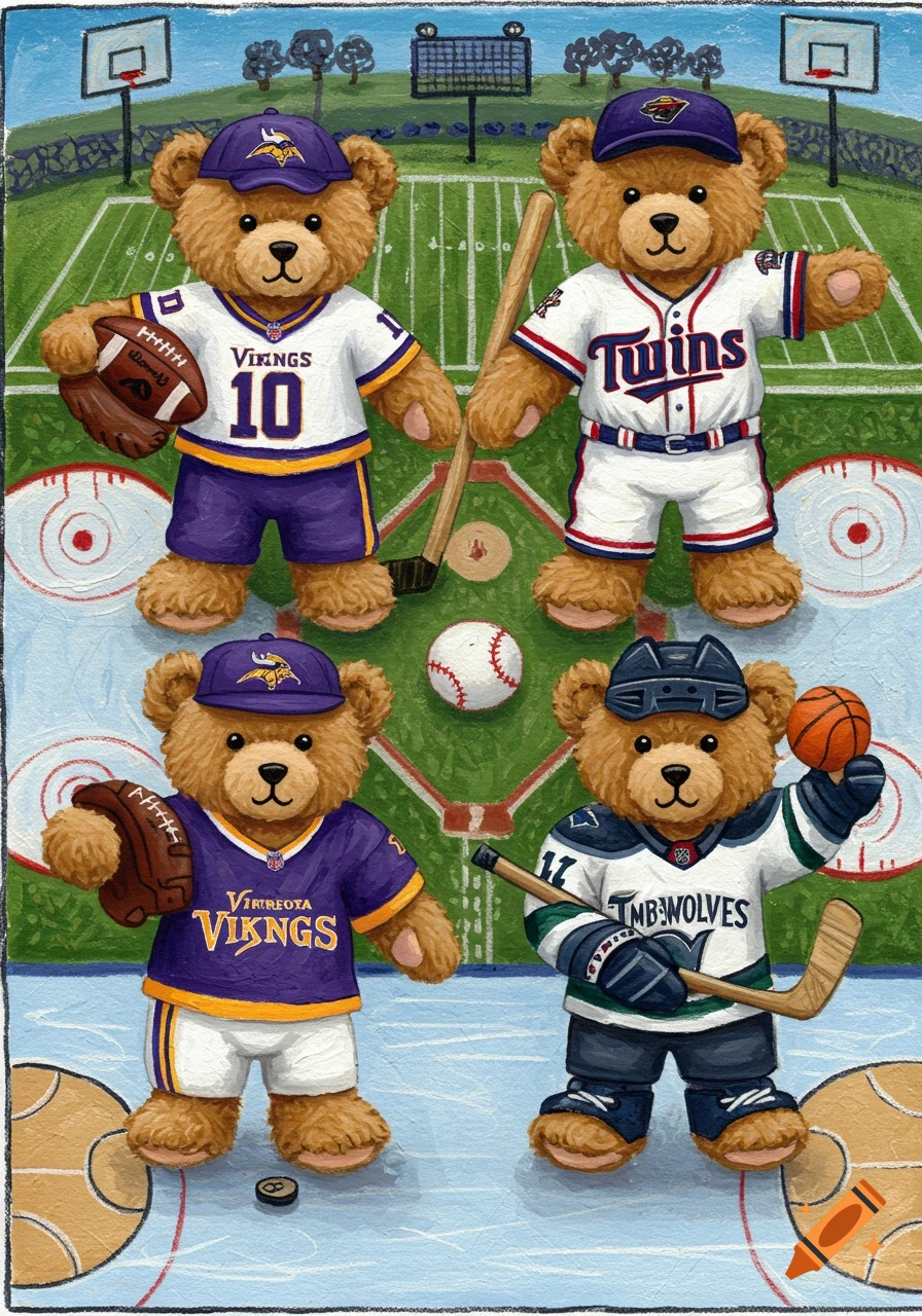 Illustration of four teddy bears wearing Minnesota sports uniforms: Vikings, Twins, Timberwolves ...