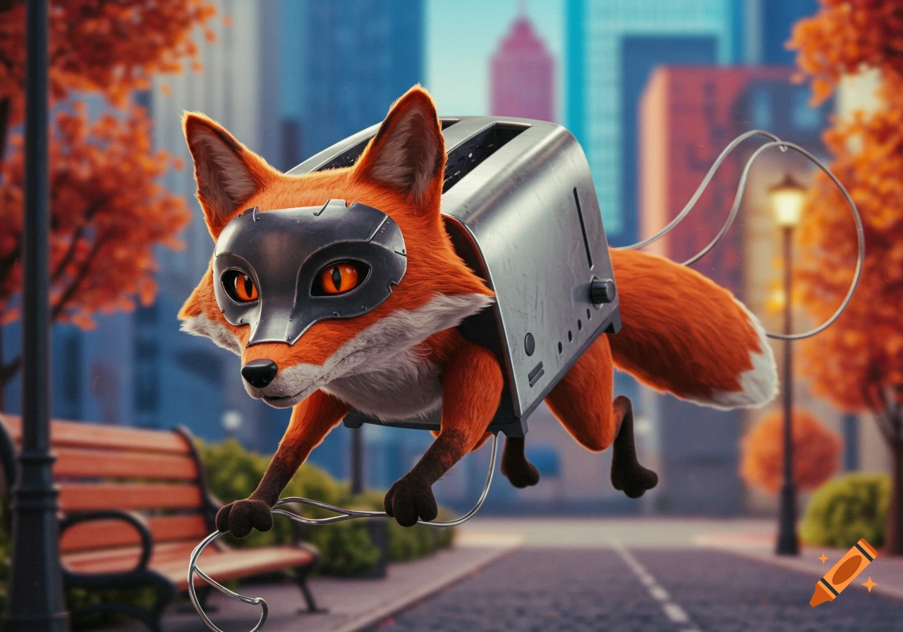A fantasy 3d render of a fox wearing a toaster backpack running in a ...