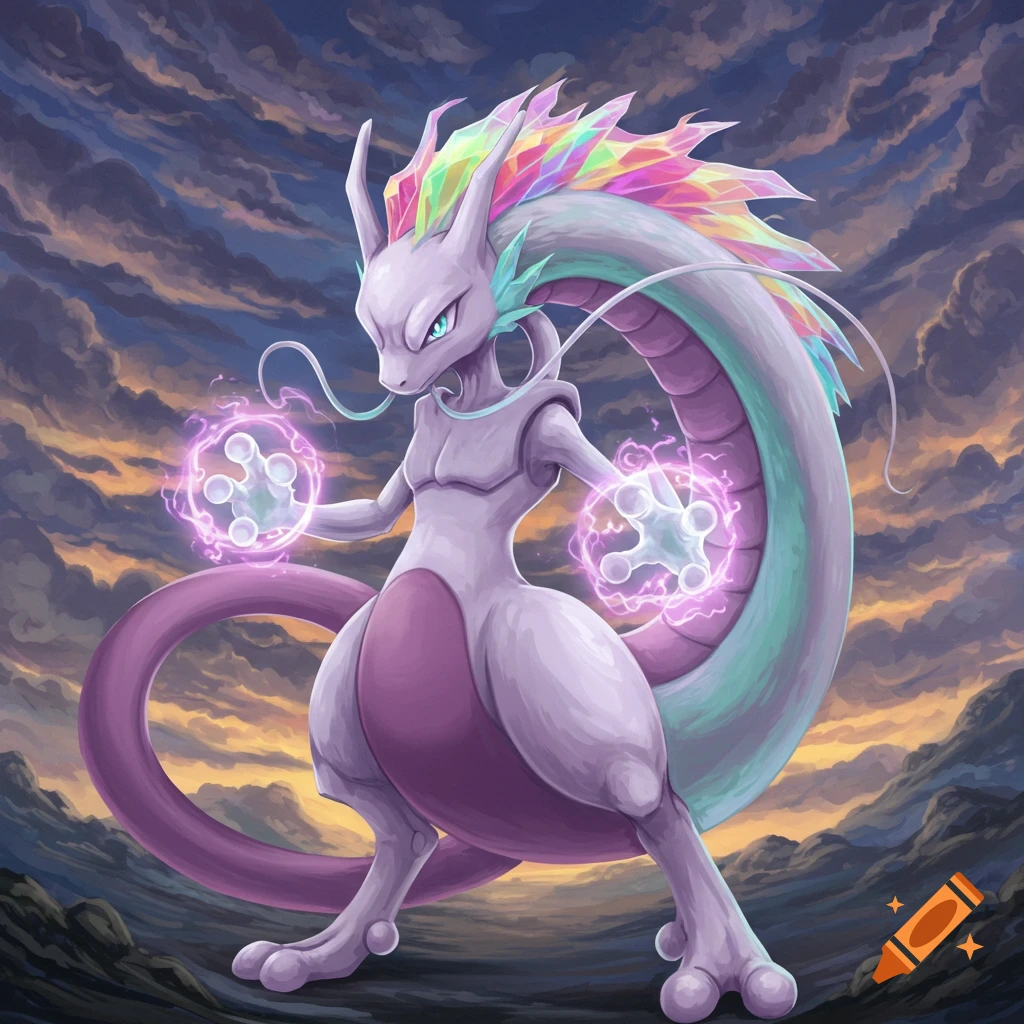 Purple Mewtwo-like creature with rainbow mane and tail generates energy ...