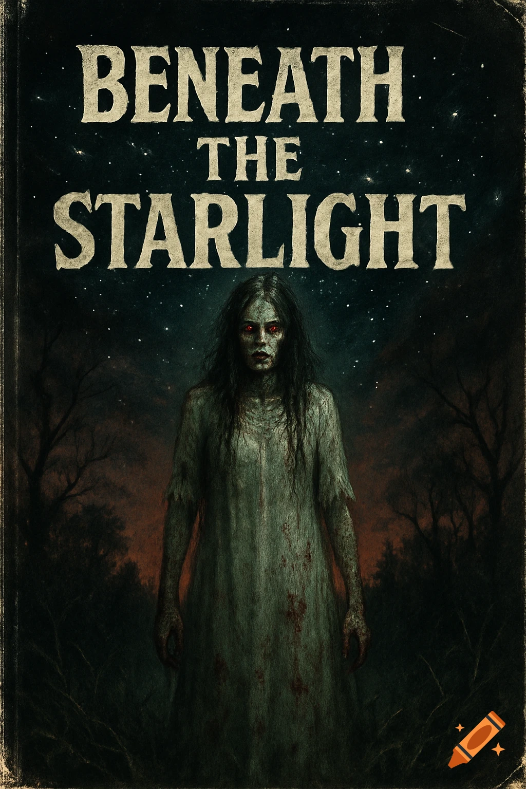 Horror book cover showing a zombie-like woman with red eyes in a dark ...