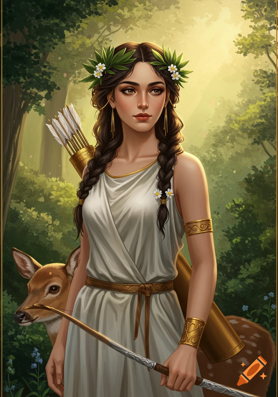 Artemis, goddess of the hunt, stands with bow and deer in a forest ...