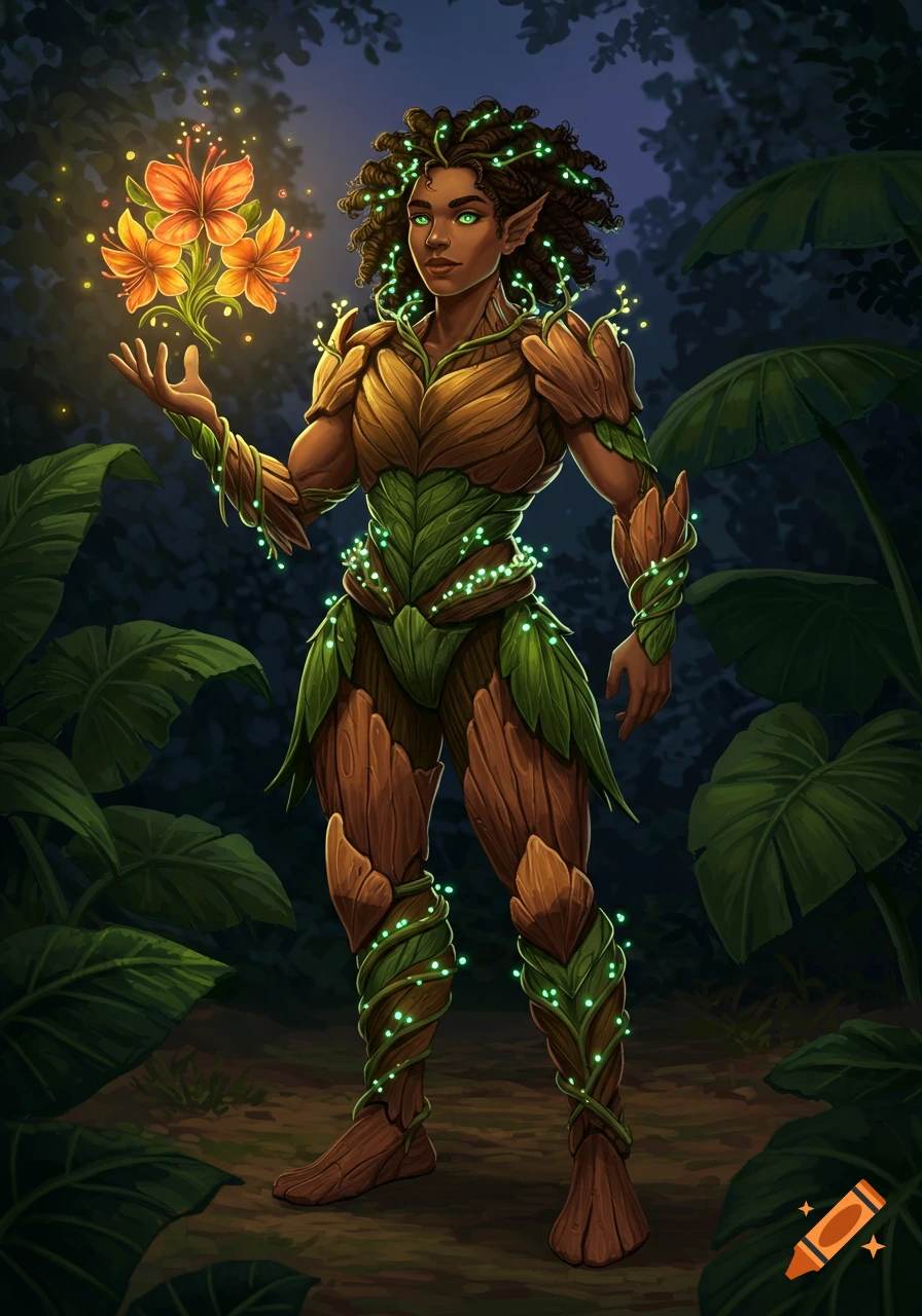A fantasy illustration of a female nature superhero in bark and leaf ...