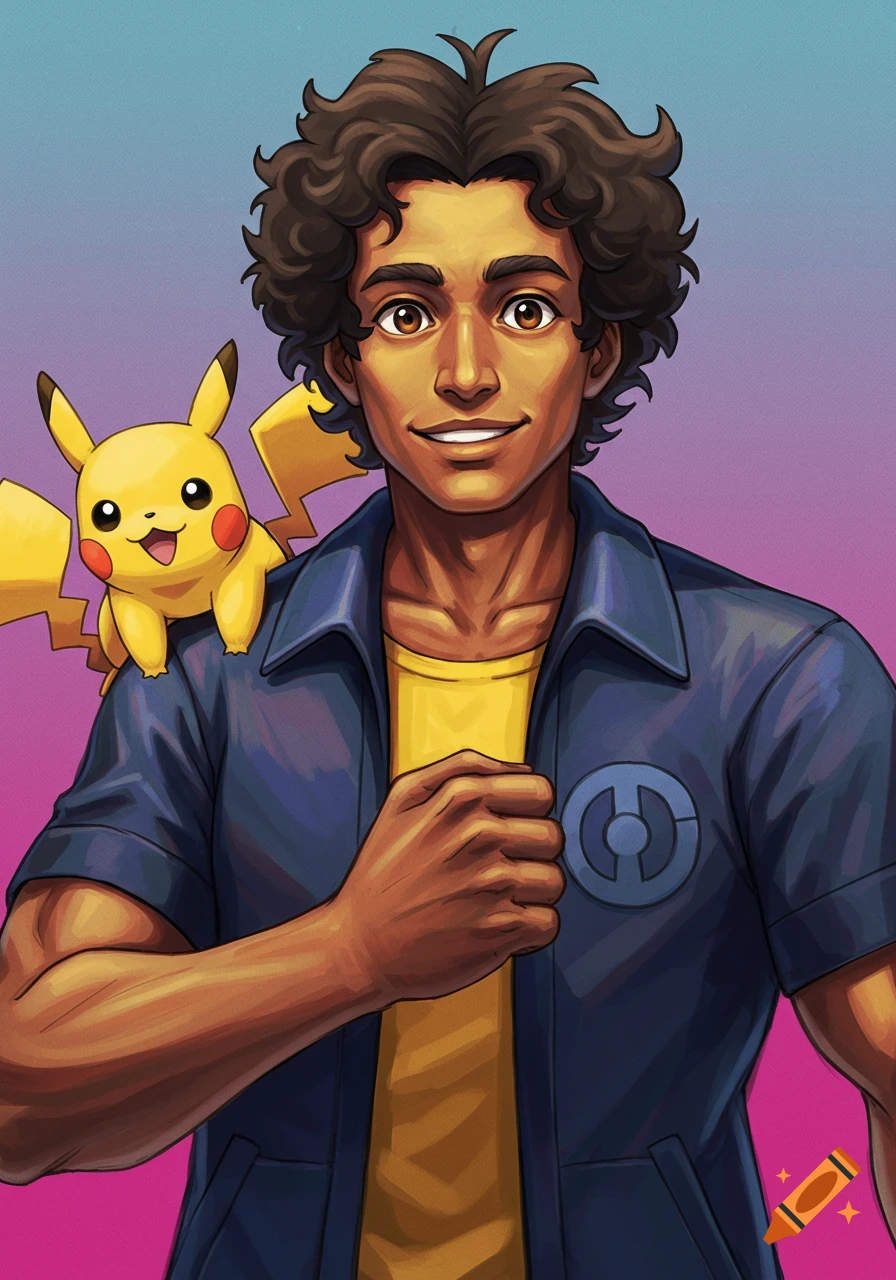 Illustration of a young man with curly hair smiling, with a Pikachu on ...