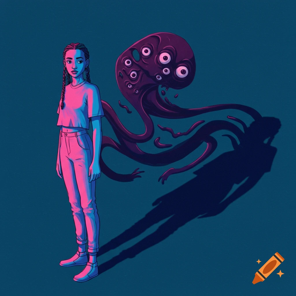 Illustration of a woman standing next to her weird, multi-eyed monster ...