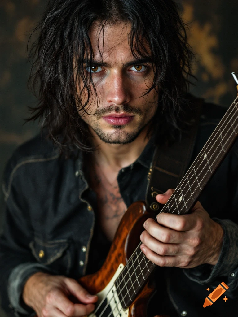 Portrait of a man with long dark hair in grunge style playing a bass ...