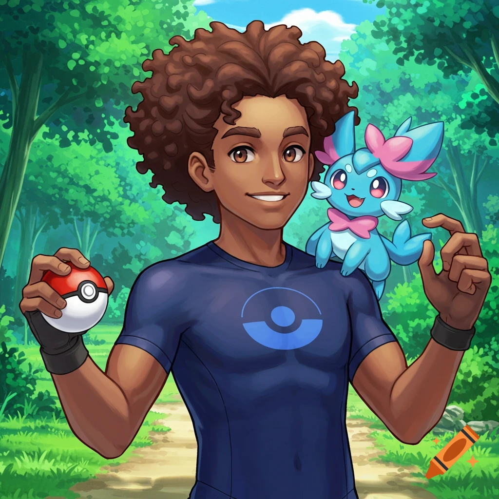 An illustration of a mixed race person with a Pokemon on their shoulder ...