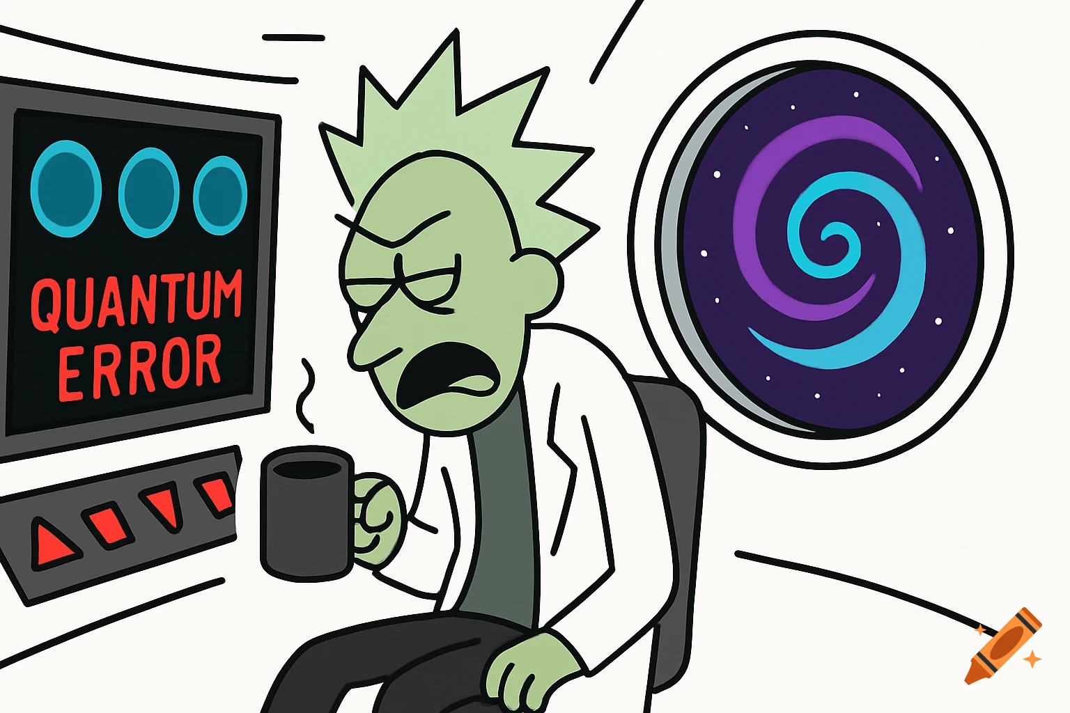 Minimalist 2D cartoon of a scientist in a sci-fi cockpit with 'QUANTUM ...